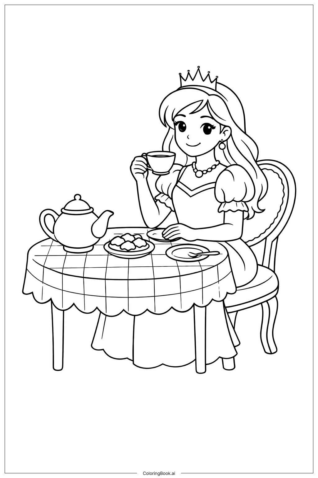 Page de coloriage Princesse à la fête du thé (PDF & PNG imprimables ...