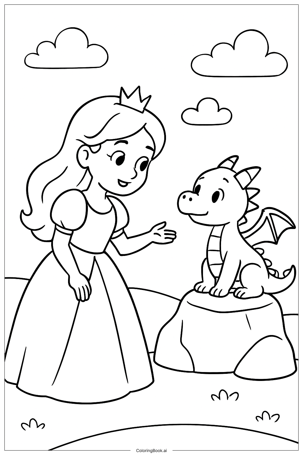 Princess Meeting Dragon Coloring Page (Free PDF&PNG Printable)