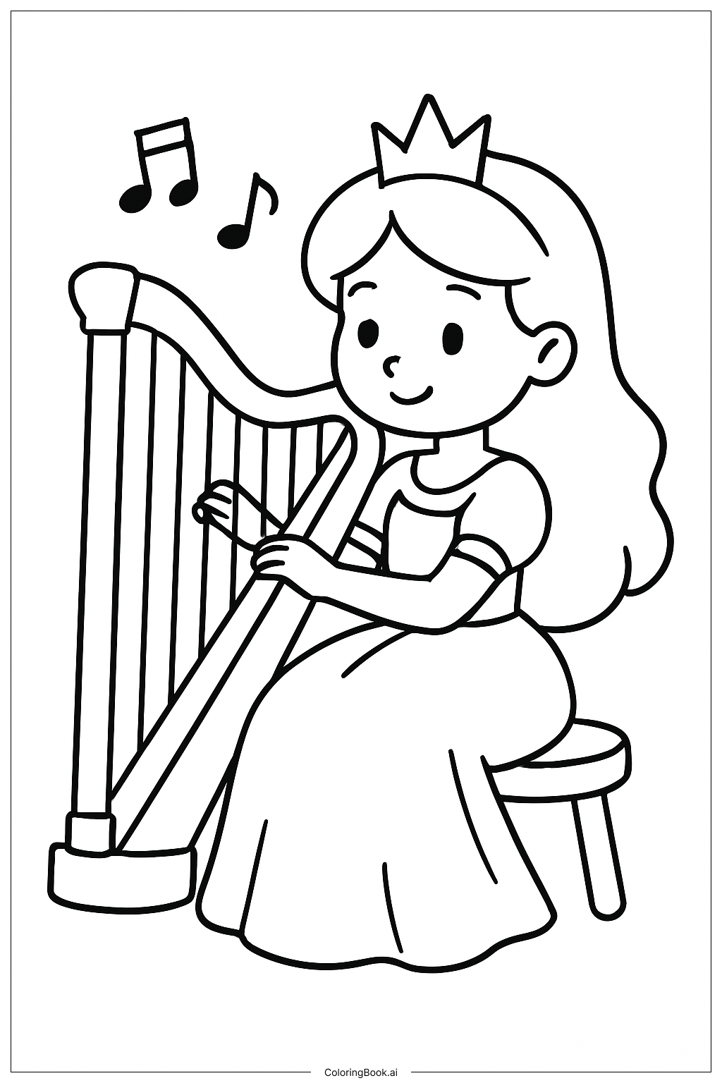 Princess Playing Harp Coloring Page (Free PDF&PNG Printable)