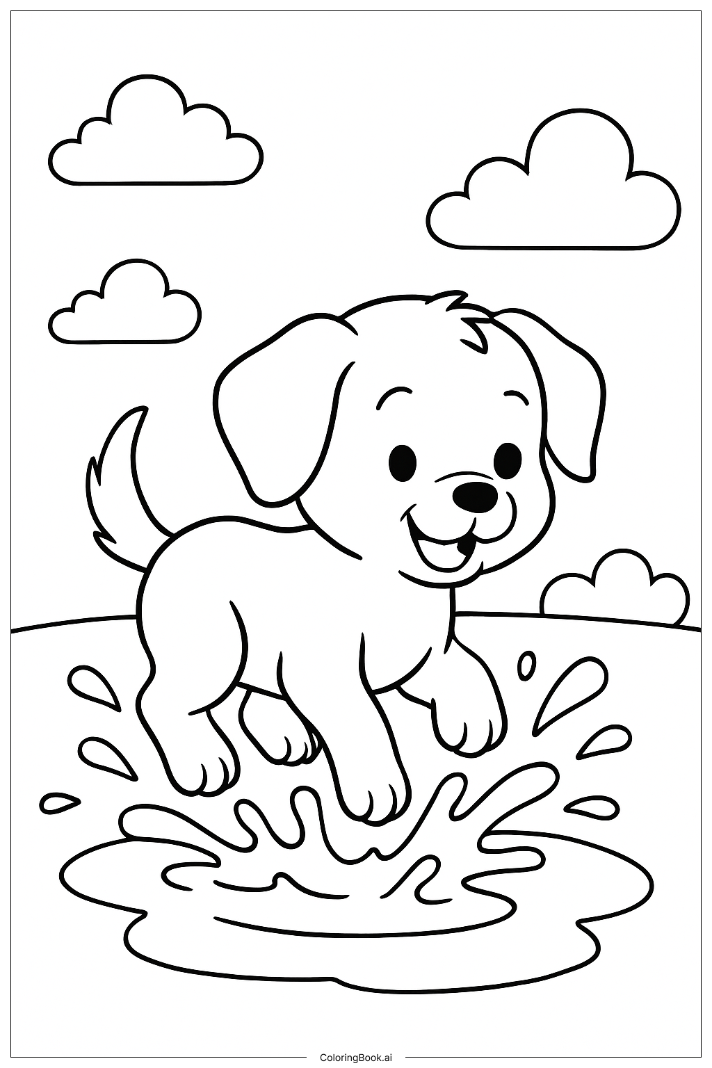 Puppy Dog Splashing Puddle Coloring Page (Free PDF&PNG Printable)
