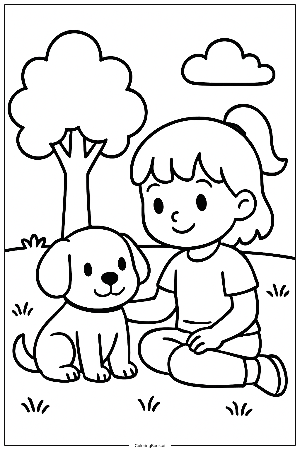 Puppy Dog With Little Girl Coloring Page (Free PDF&PNG Printable)