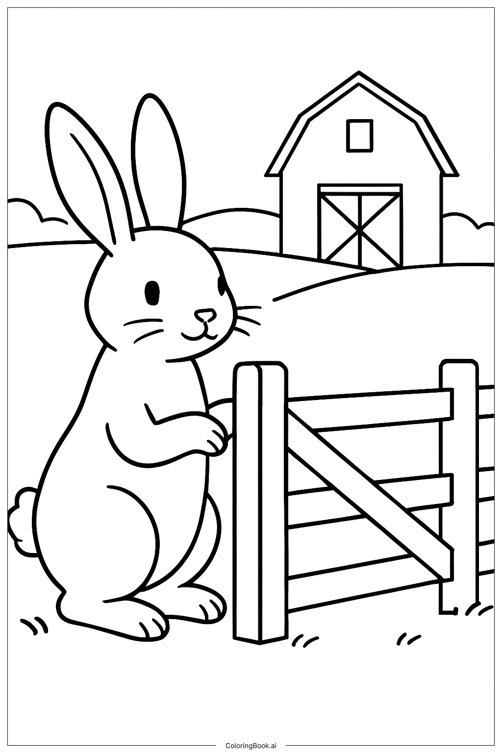Rabbit At Farm Gate Coloring Page (Free PDF&PNG Printable)