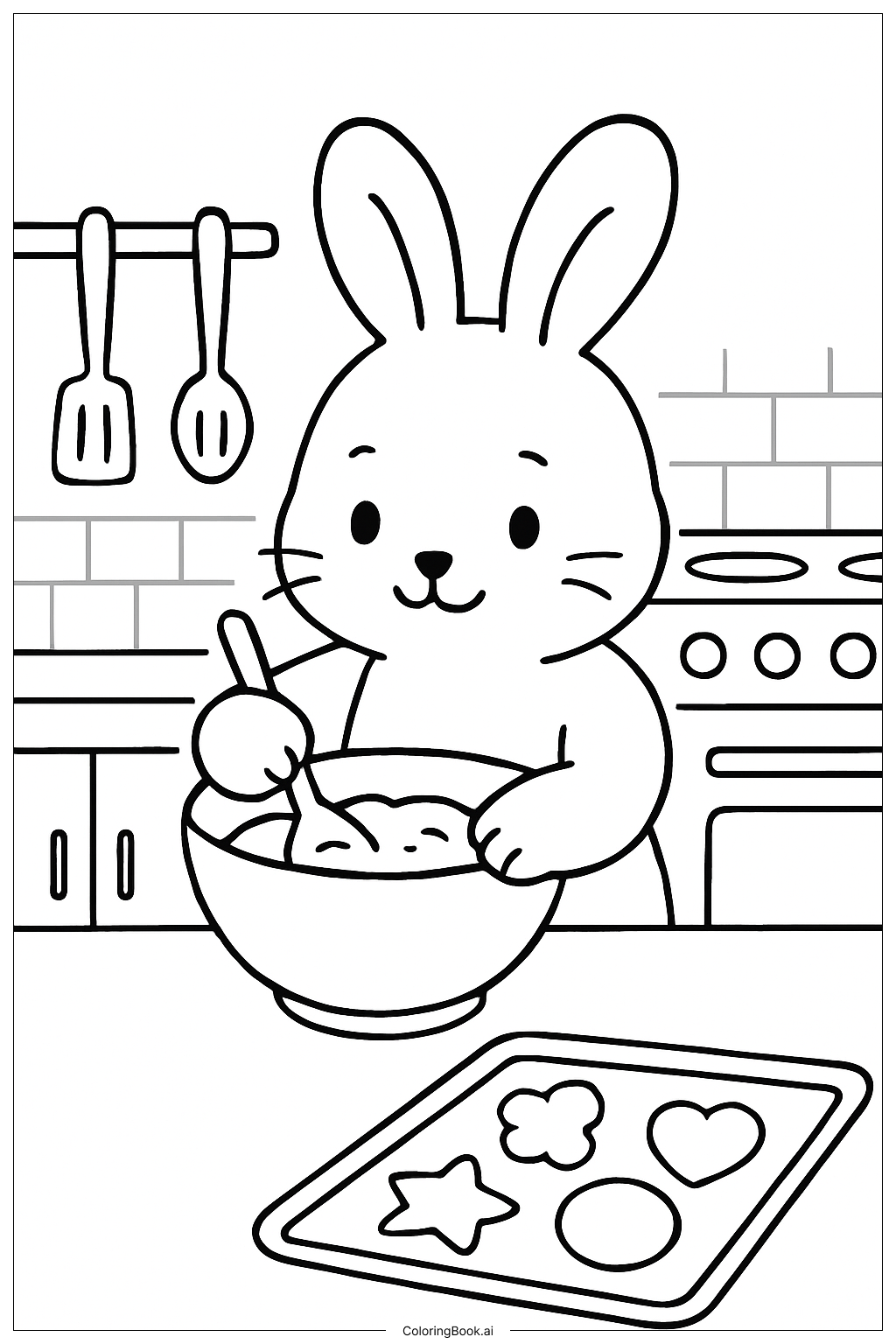 Rabbit Baking Cookies Coloring Page (Free PDF&PNG Printable)