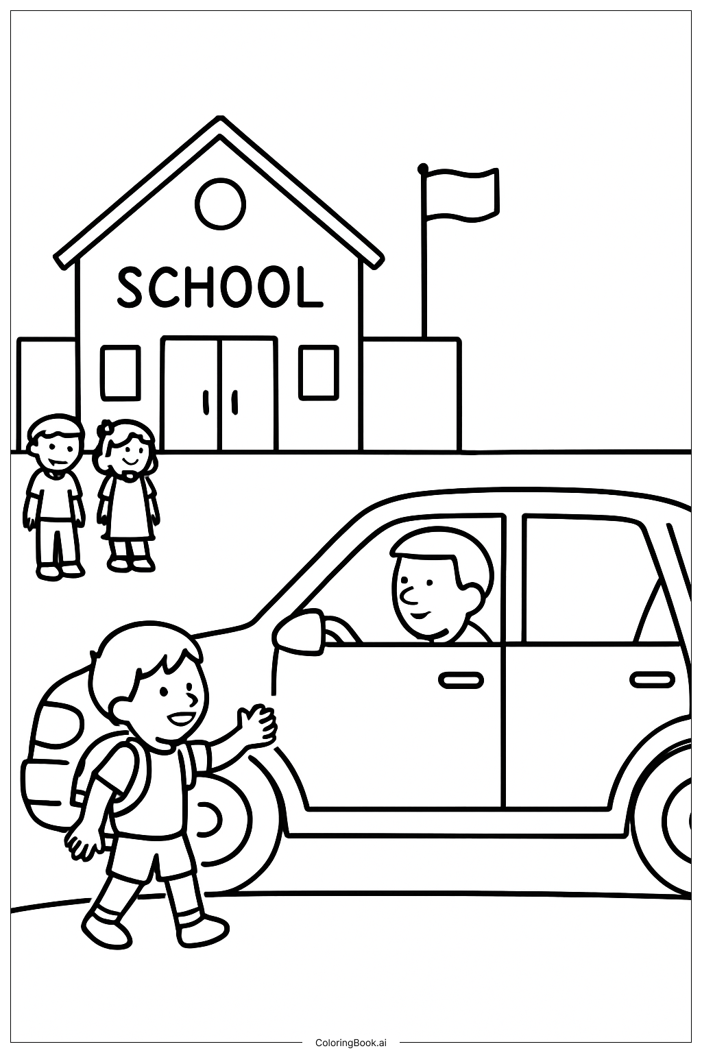Página para colorear Escena de recogida escolar en auto (Descarga ...