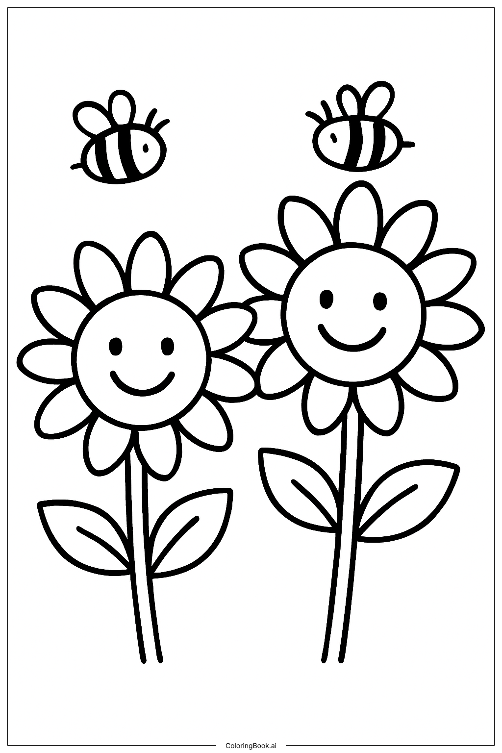 Smiling Sunflowers With Bees Coloring Page (Free PDF&PNG Printable)