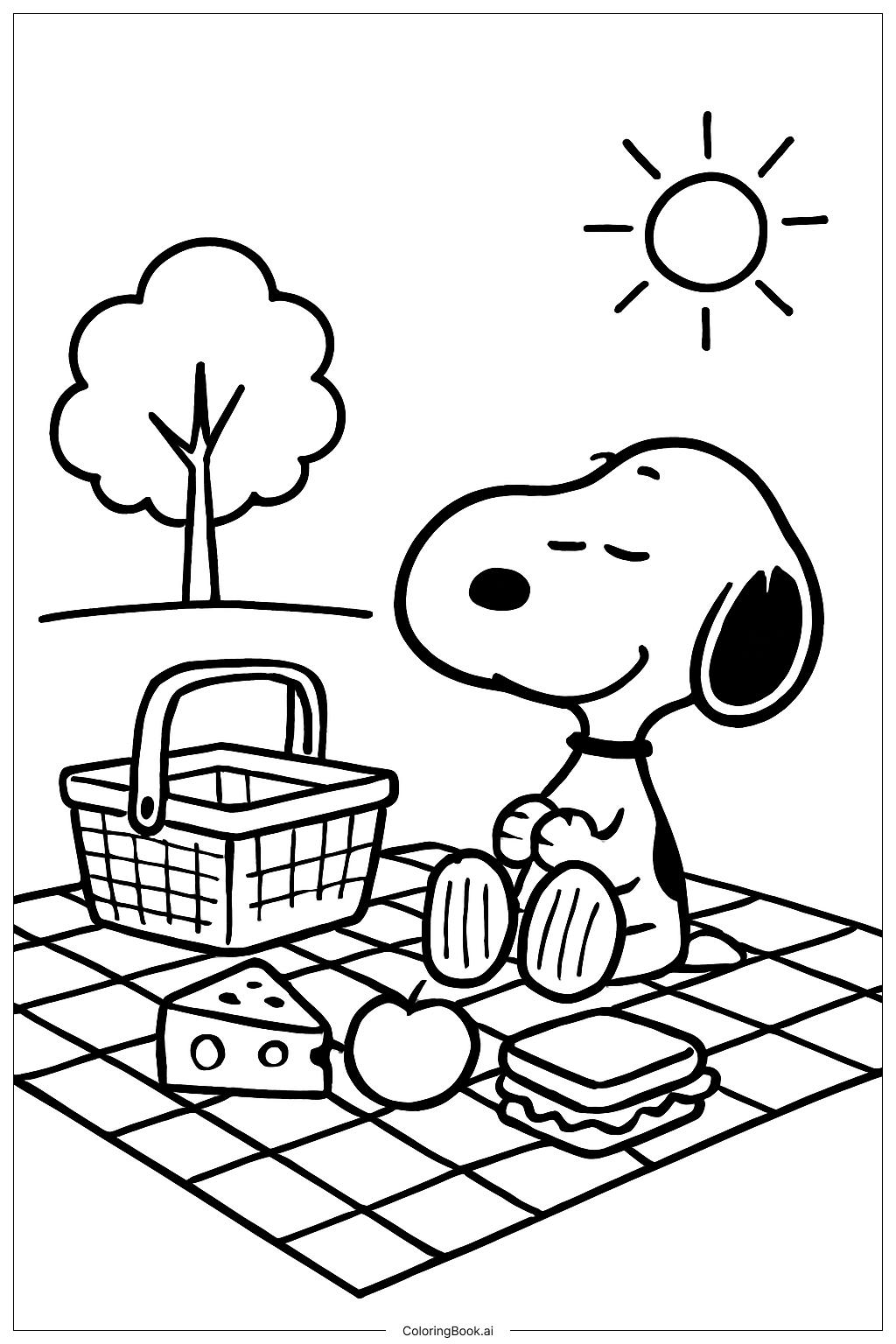 Snoopy With Picnic Coloring Page (Free PDF&PNG Printable)