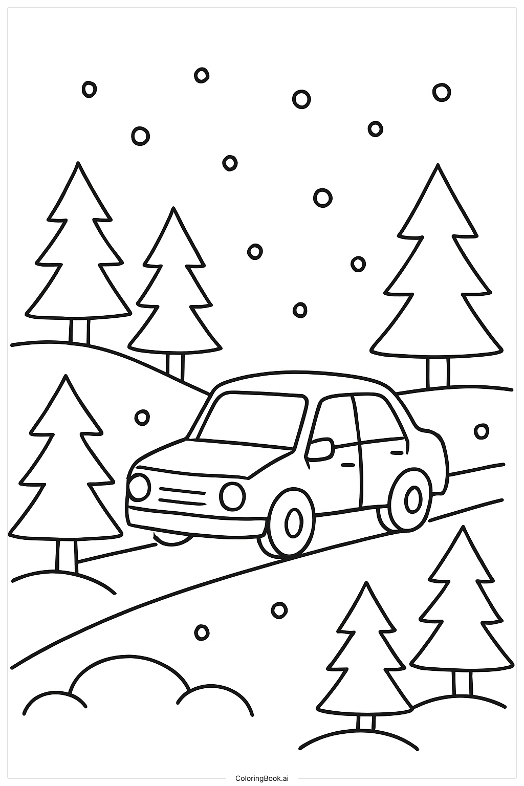 Snowy Car With Trees Coloring Page (Free PDF&PNG Printable)