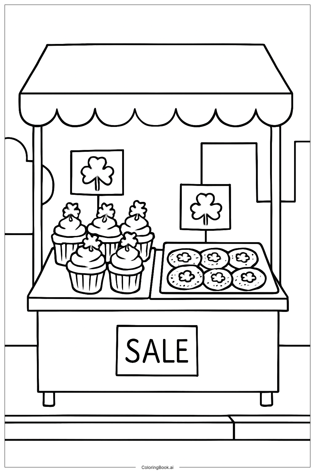 Page de coloriage Stand de marché de la Saint-Patrick avec friandises ...