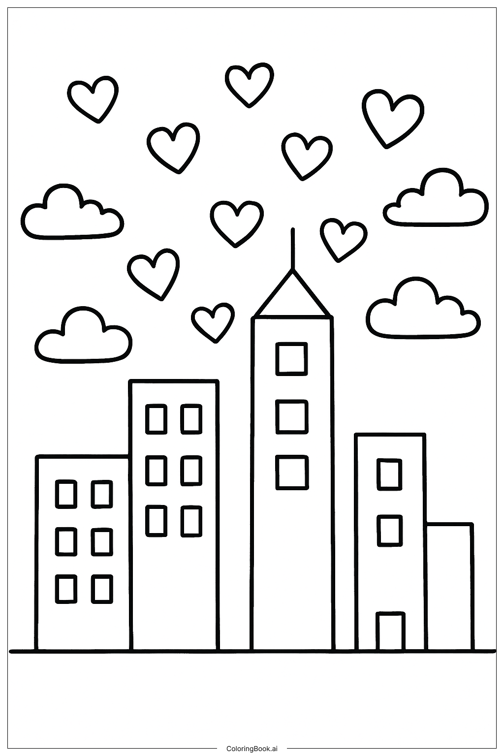 Valentines Hearts Floating Over City Coloring Page (Free PDF&PNG Printable)