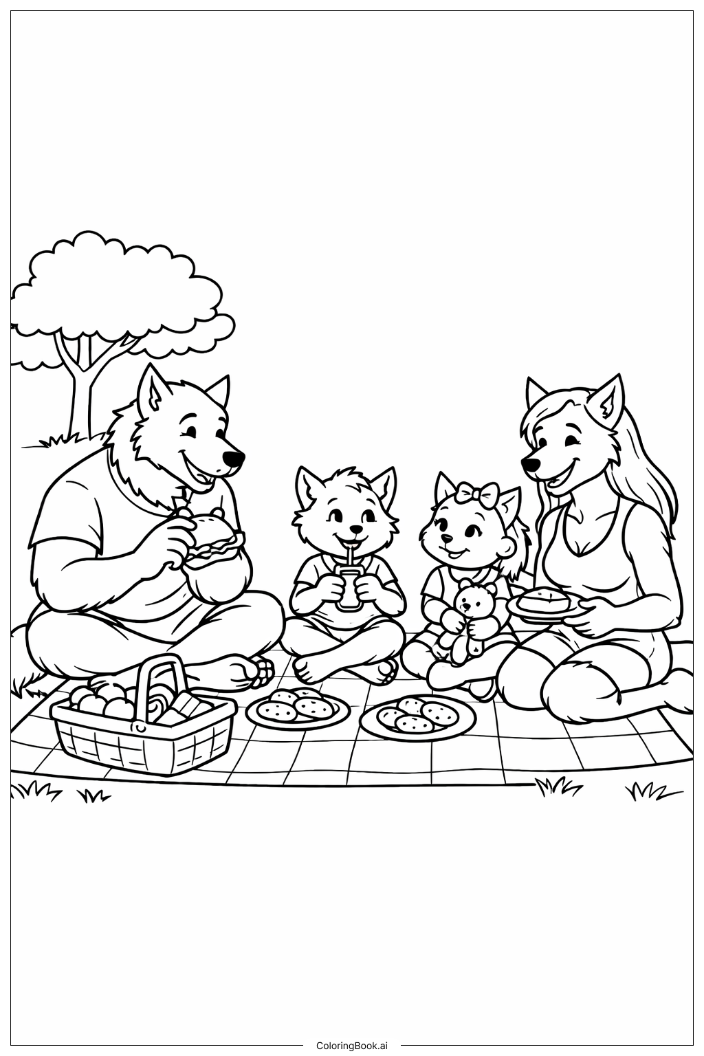 Werwolf-Familienpicknick Ausmalbild (Kostenloses PDF & PNG zum Ausdrucken)