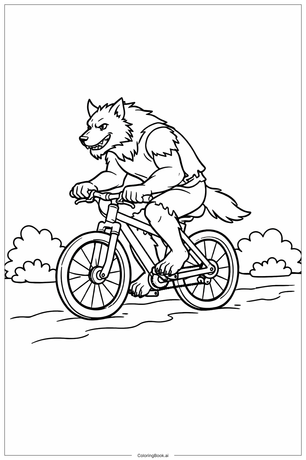 Werwolf fährt Fahrrad Ausmalbild (Kostenloses PDF & PNG zum Ausdrucken)