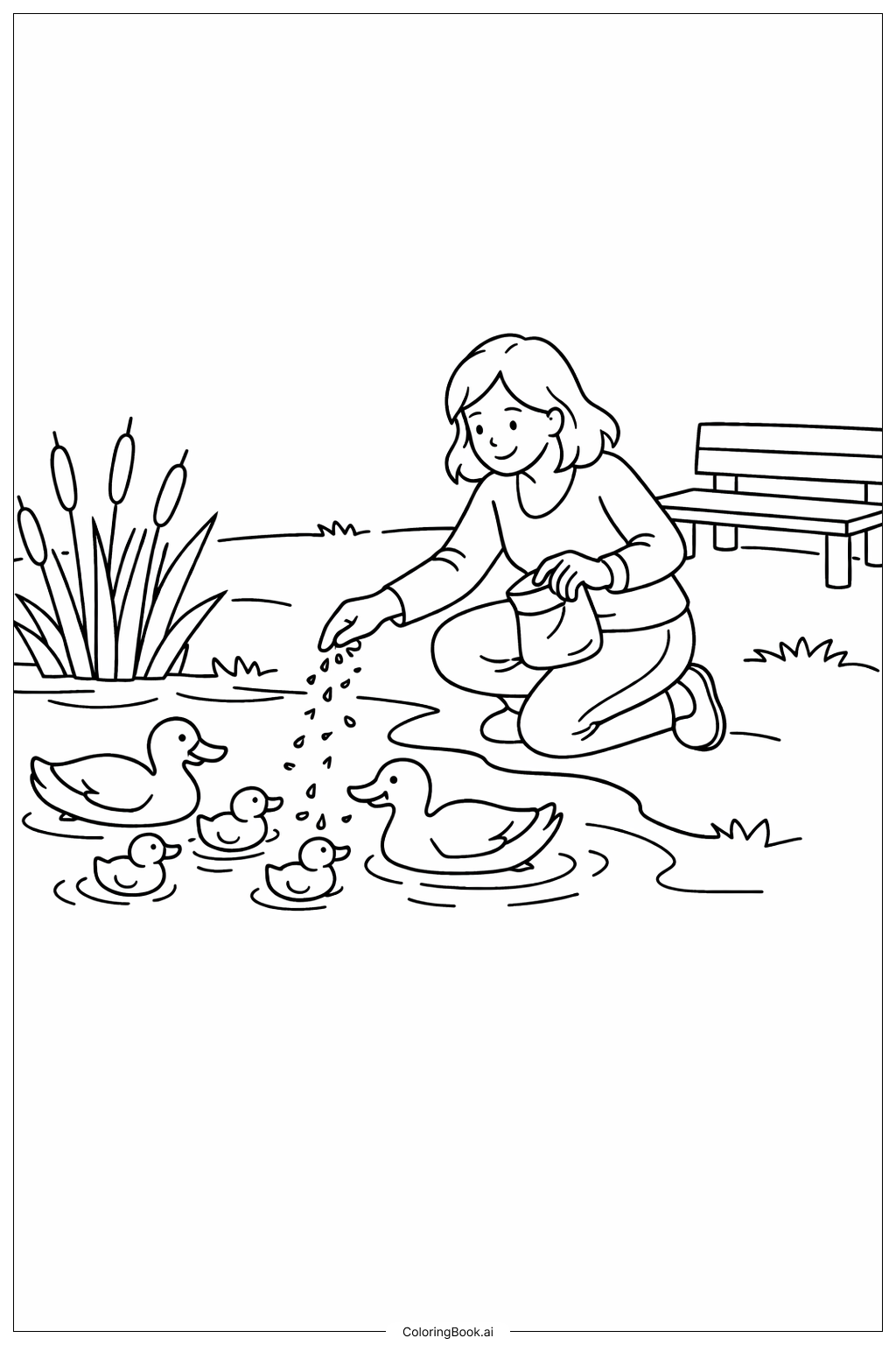 Woman Feeding Ducks Coloring Page (Free PDF&PNG Printable)