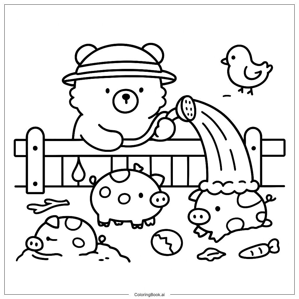 Coloring Page: A Fun Day on the Farm: Bear Bathing Piglets and Playful ...