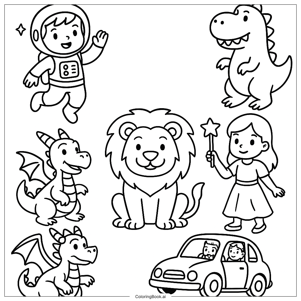 Coloring Page: Colorful Adventures: A Fun Scene with a Lion, Dinosaurs ...